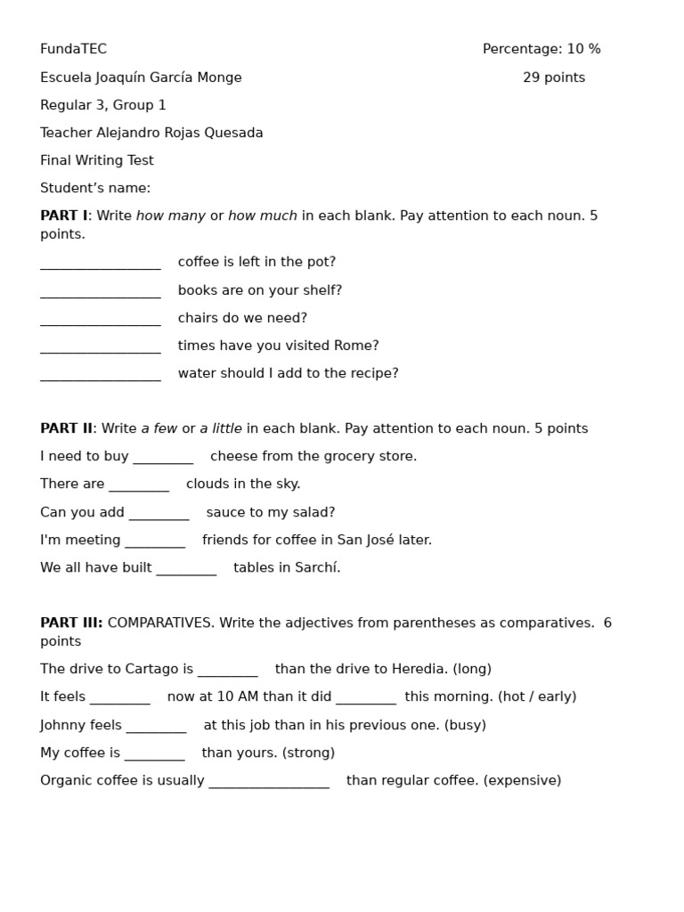 Final Writing Test for English Students | PDF