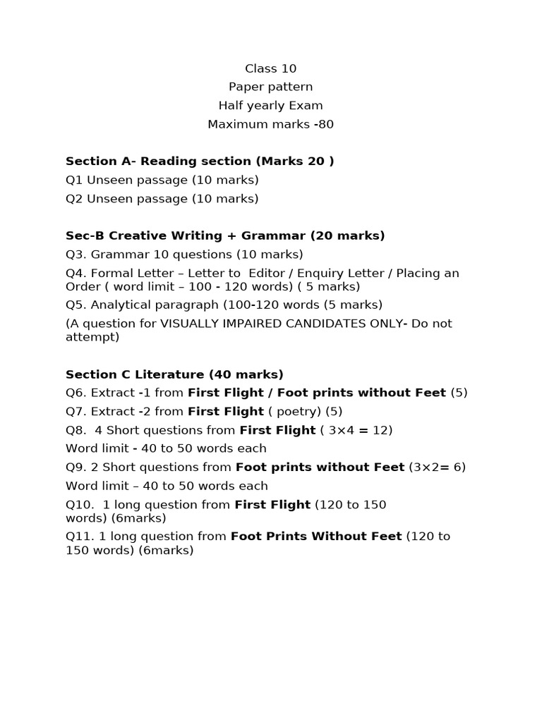 Paper Pattern Class 10 | PDF