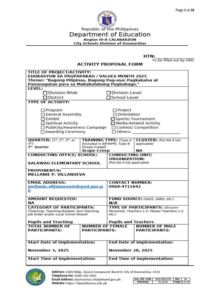GMRC - Values Education 2025-2026 Activity Proposal | PDF