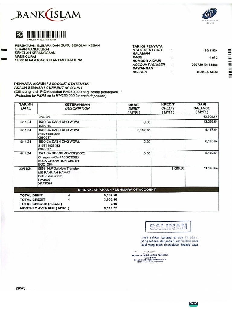 Penyata Akaun PIBG SK Manek Urai Sign | PDF