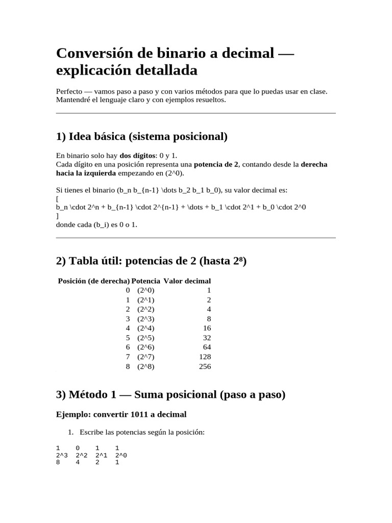 Conversión de binario a decimal fácil | PDF | Decimal | Matemáticas