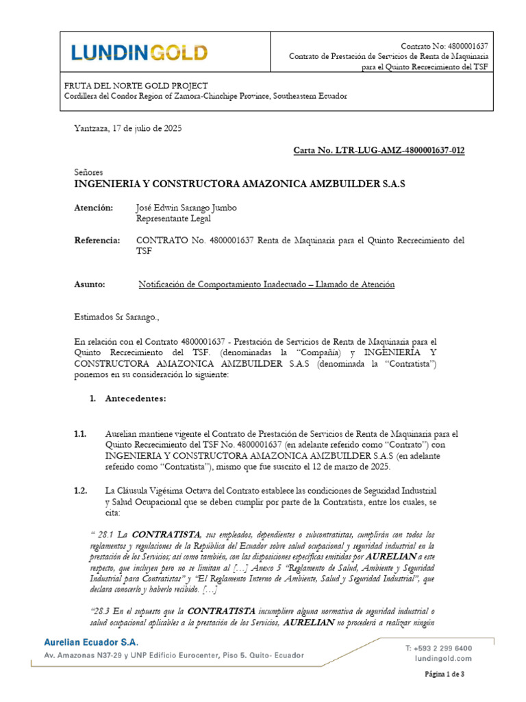 Carta No. LUG-AMZ-4800001637-012 Llamado de Atención | PDF