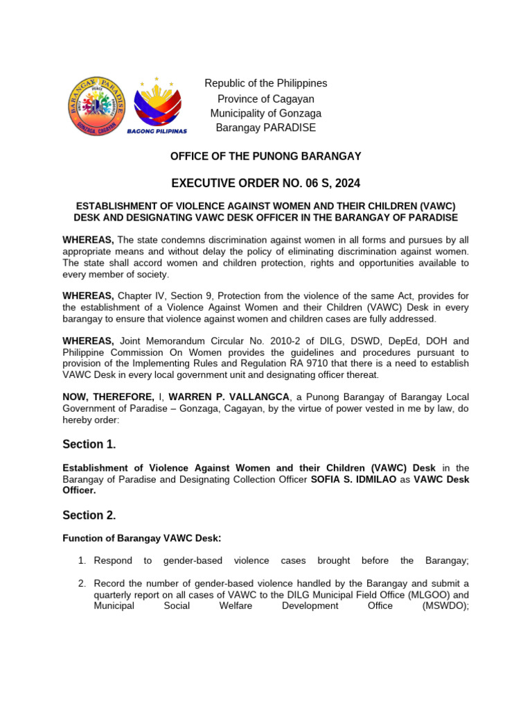 Executive Order No. 06 S, 2024: Office of The Punong Barangay | PDF | Justice | Crime & Violence