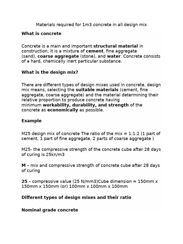 Materials for 1m3 Concrete Mix | PDF | Concrete | Construction Aggregate