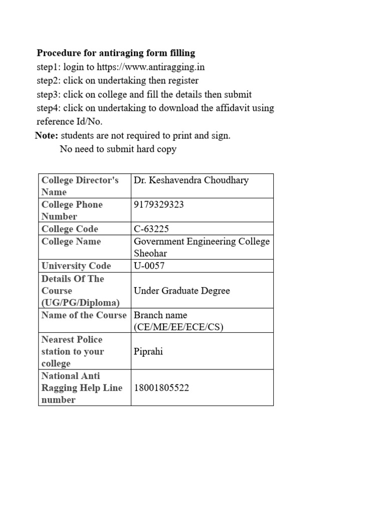 Procedure For Anti-Ragging Form | PDF