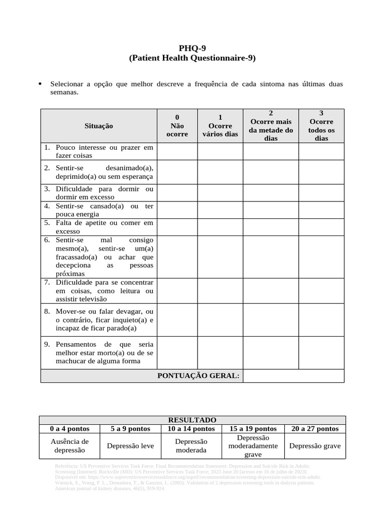 Escala PHQ 9 | PDF | Depressão | Doenças e distúrbios