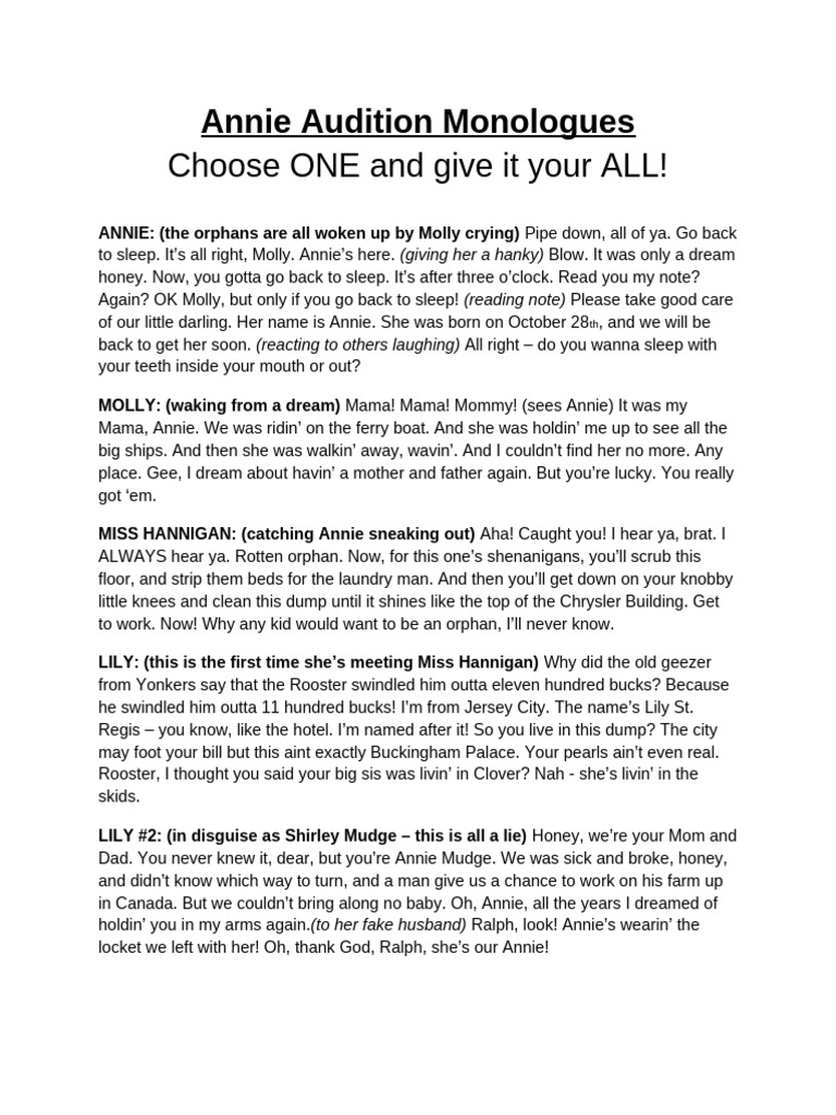 Annie Audition Monologues | PDF | Annie (Musical) | Musical Theatre Awards