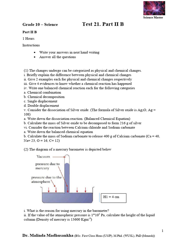 Grade 10. Test 21. Part 2B. New | PDF | Chemical Reactions | Pressure