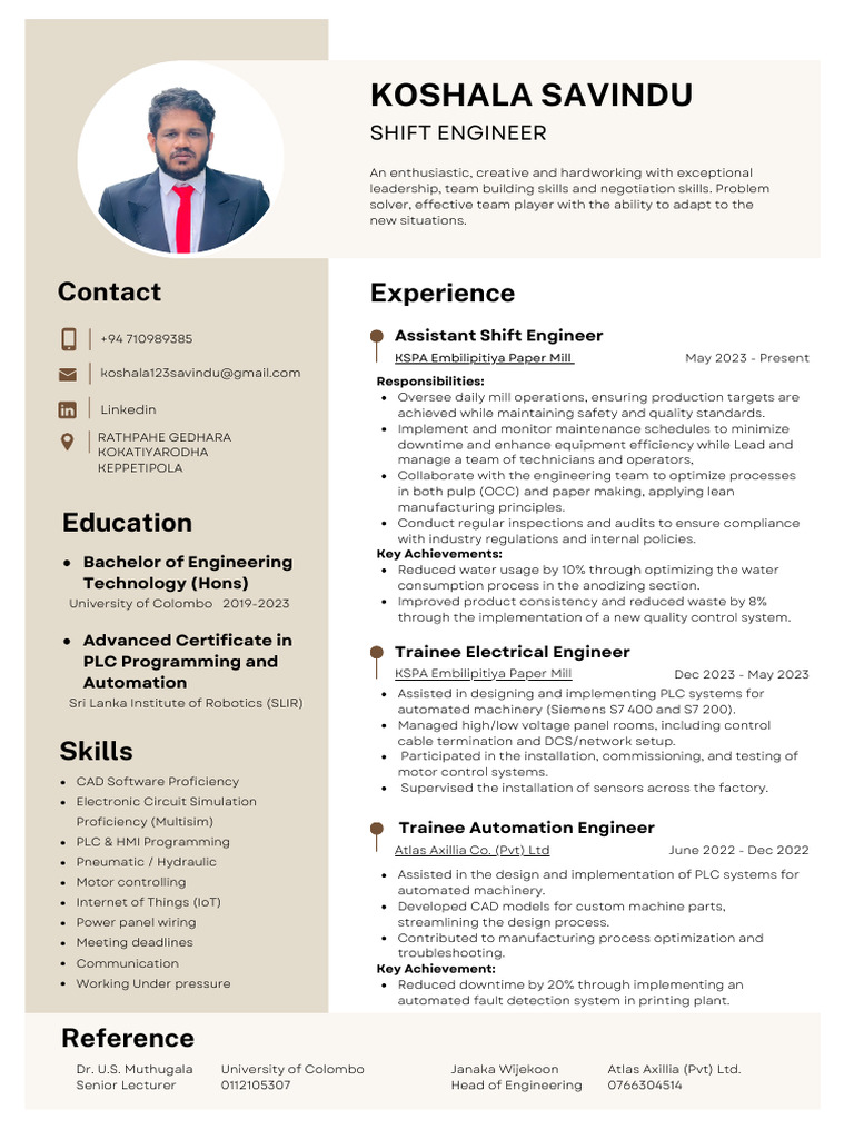 Shift Engineer Resume - Koshala Savindu | PDF | Automation ...