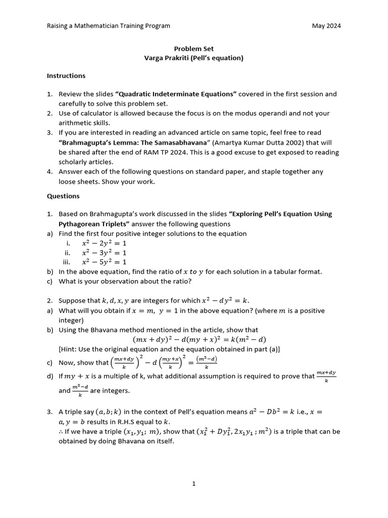 Pell's Equation Problem Set Guide | PDF | Elementary Mathematics ...