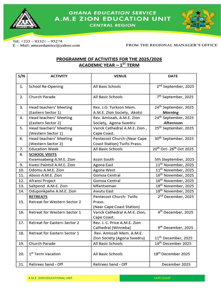 A.M.E. Zion Educ. Unit - Program of Activities For First Term 2025 ...