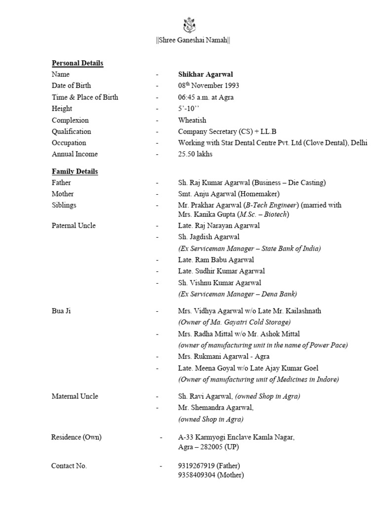 Biodata - Shikhar Agarwal With Pics | PDF
