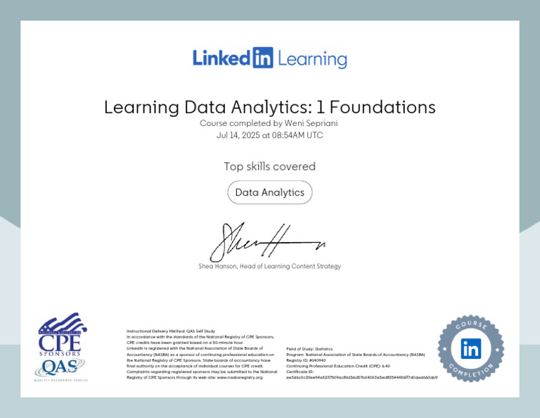 CertificateOfCompletion - Learning Data Analytics 1 Foundations | PDF