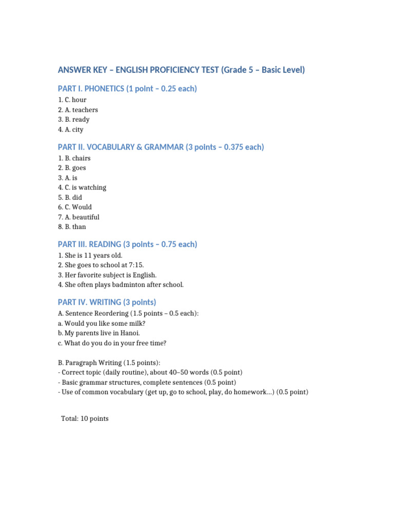 Grade 5 English Proficiency Test Key | PDF