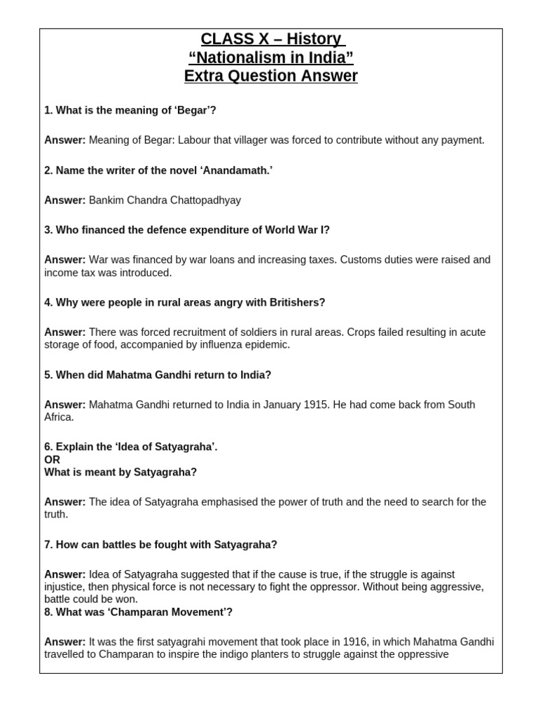 CLASS X Nationalism in India Extra Question Answer | PDF | Mahatma ...