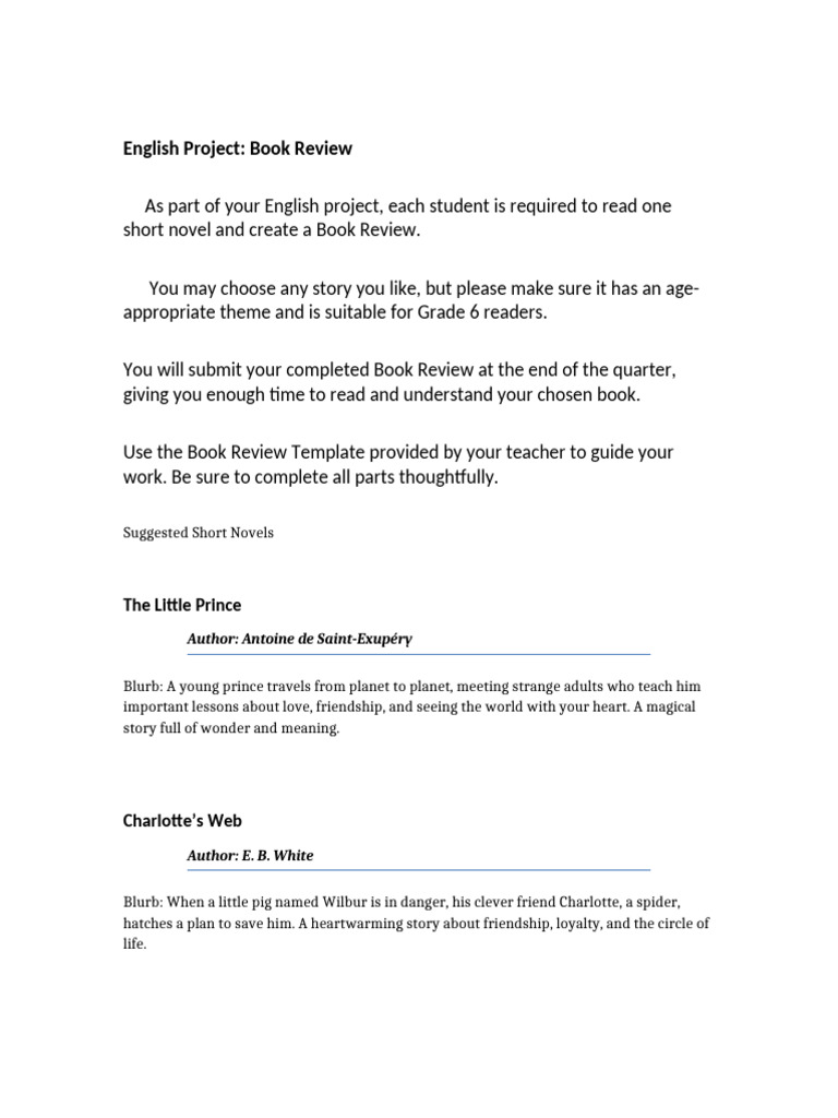Grade 6 Book Review Project Guide | PDF