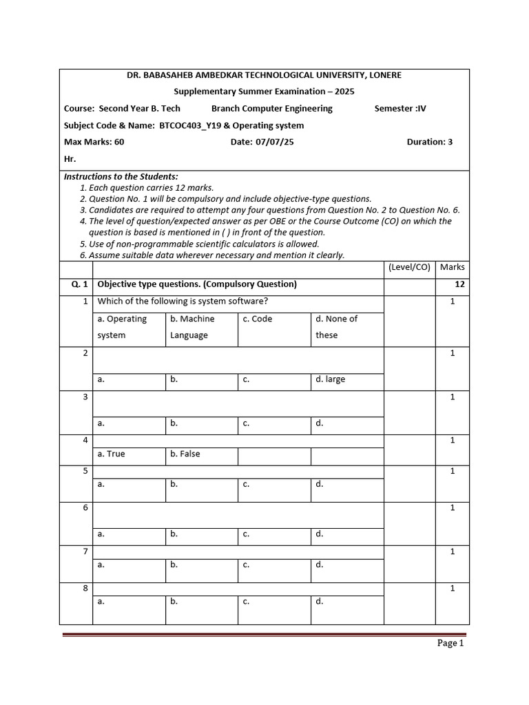 Operating System Exam Paper 2025 | PDF | Process (Computing ...