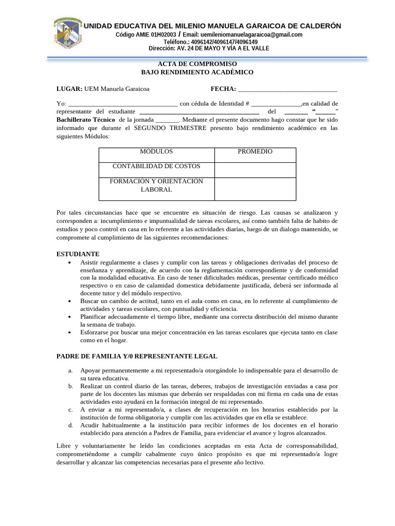 Acta Bajo Rendimiento Por Trimestres | PDF | Aprendizaje