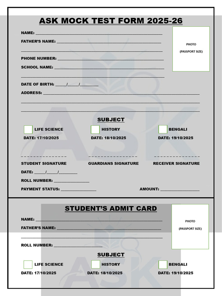 2025-26 Mock Test Form for Students | PDF