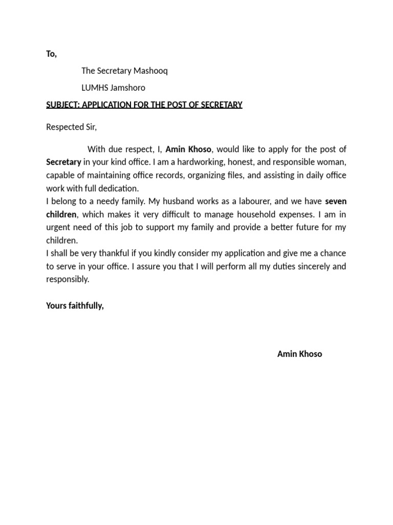 Application For The Post of Secretary | PDF