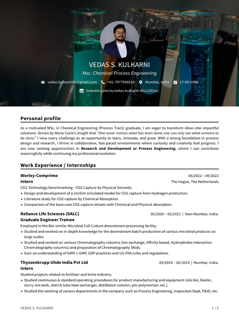 Resume - Vedas K - 251014 - 095046 | PDF | Chromatography | Transport ...