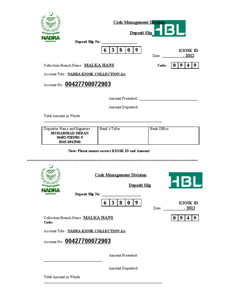 Deposit Slip-HBL 63809 | PDF | Deposit Account | Banks