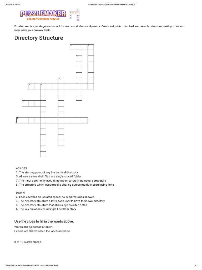 Criss Cross Puzzle - Discovery Education Puzzlemaker | PDF