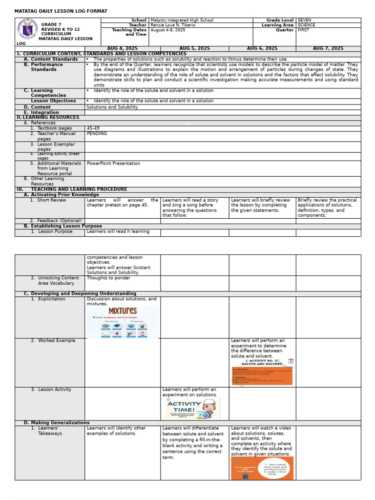 DLL-Science 7 Q1-W6 | PDF | Learning | Cognition