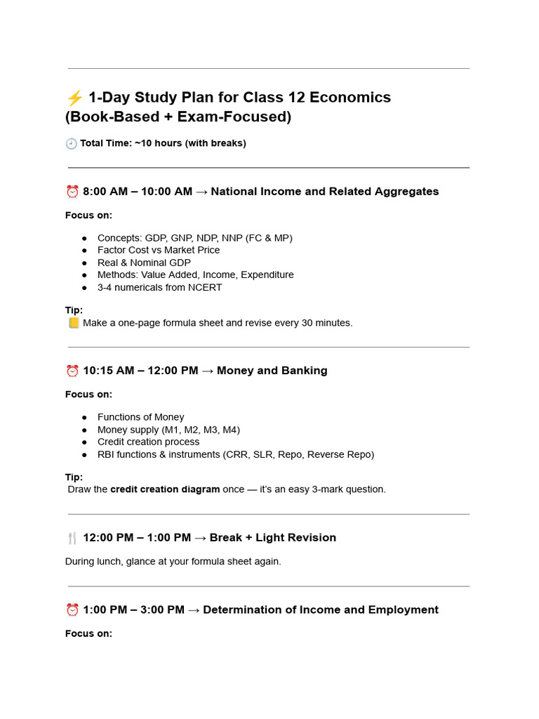 1-Day Class 12 Economics Study Plan | PDF | Gross Domestic Product ...
