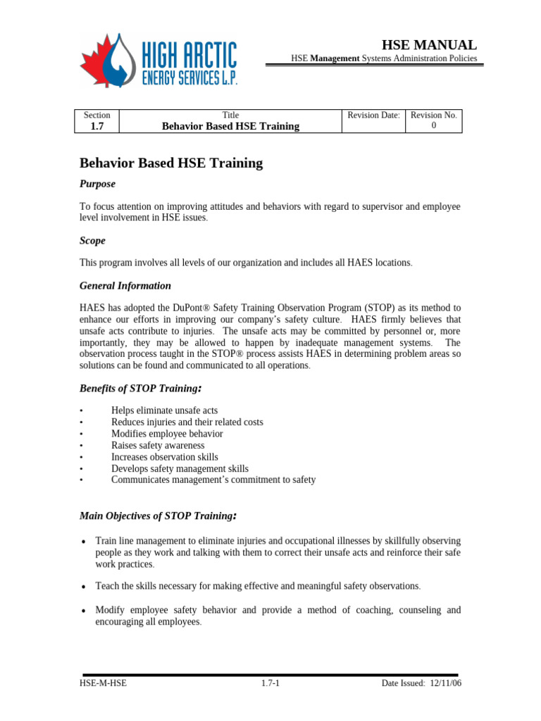 01.7 HAES Behavior Based HSE Training | PDF | Safety | Behavioural Sciences