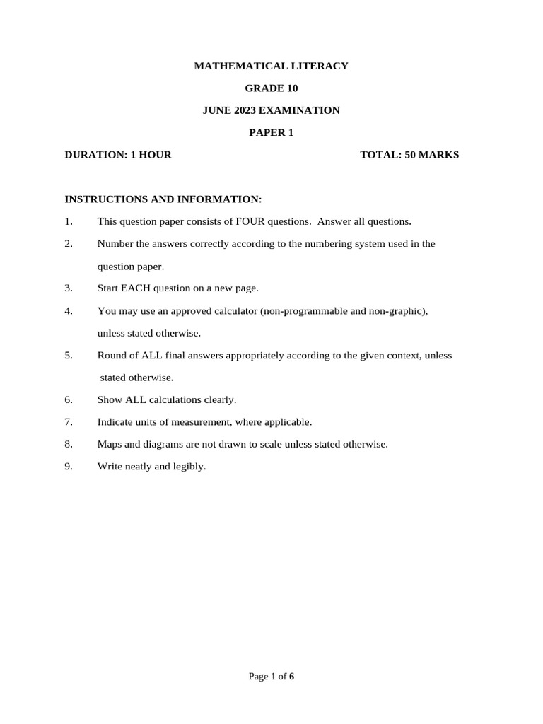 Mathematical Literacy Grade 10 June 2023 Paper 1 | PDF