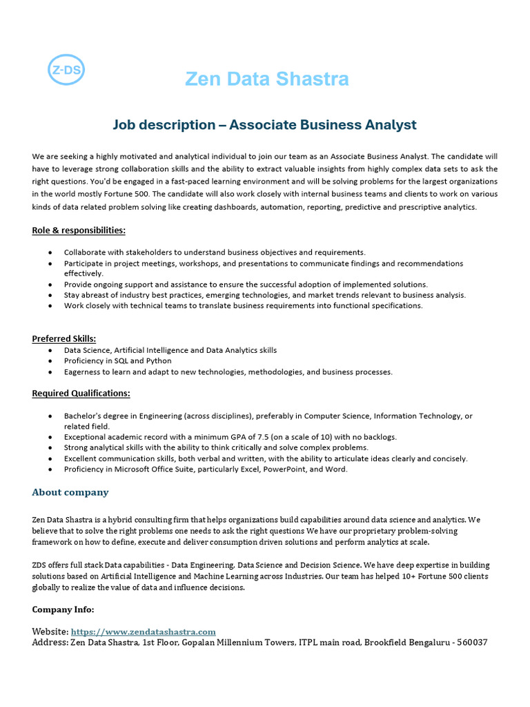 Job Description - Associate Business Analyst | PDF | Analytics | Data