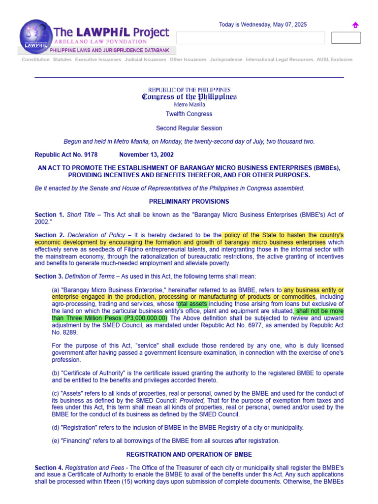 LAW - Barangay Micro Business Enterprises (BMBE's) Act of 2002 | PDF ...