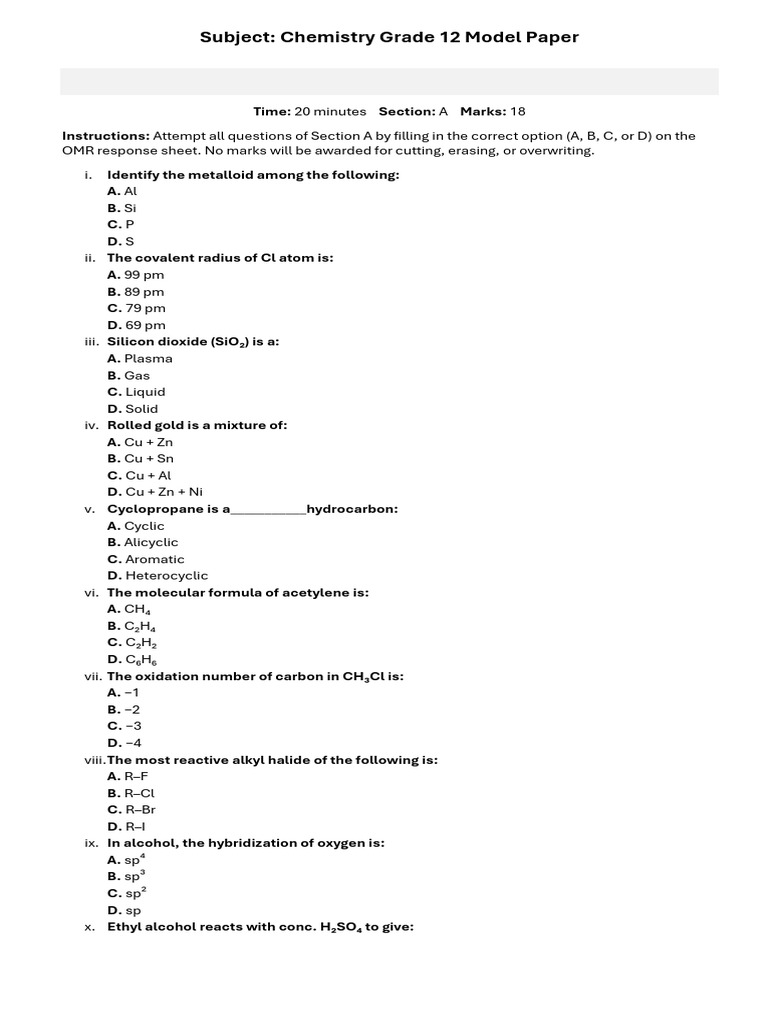 Grade 12 Chemistry Model Paper | PDF | Ketone | Chemistry