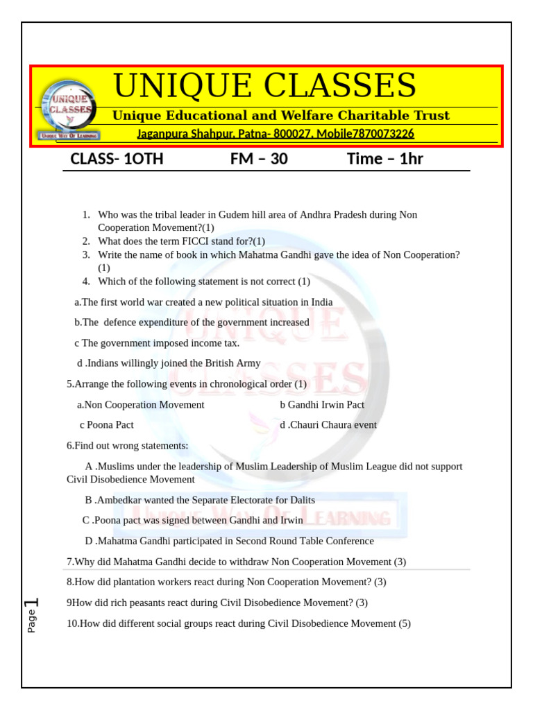 Test Paper of Class 10th (13.11.25) | PDF