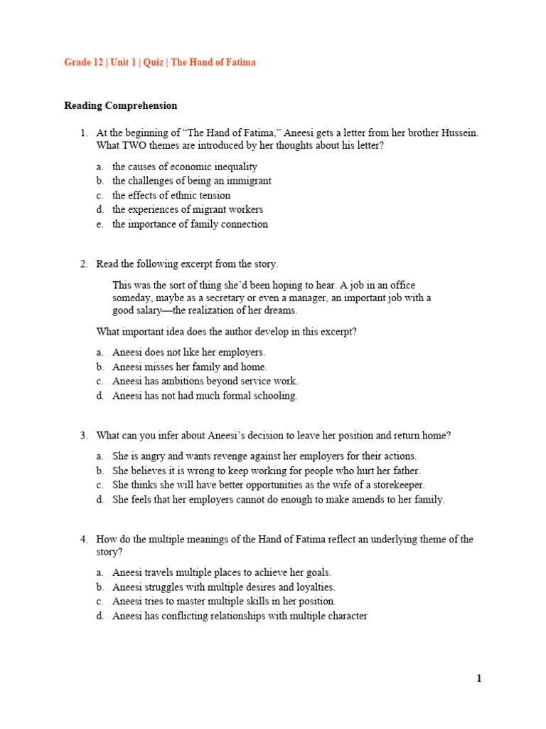 Grade 12 Unit 1 Quiz Hand-Of-Fatima | PDF