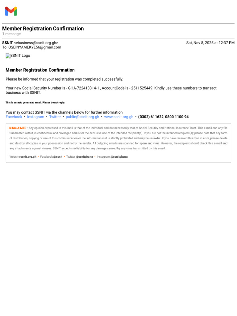 SSNIT Member Registration Confirmation | PDF