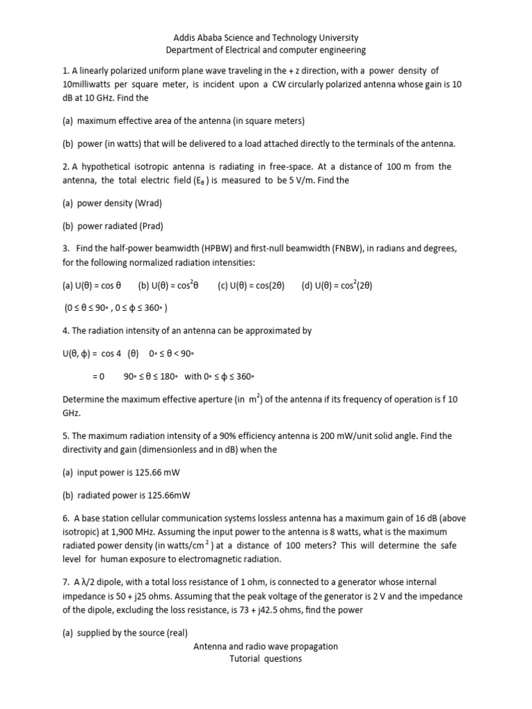 Worksheet antenna | PDF | Antenna (Radio) | Electrodynamics