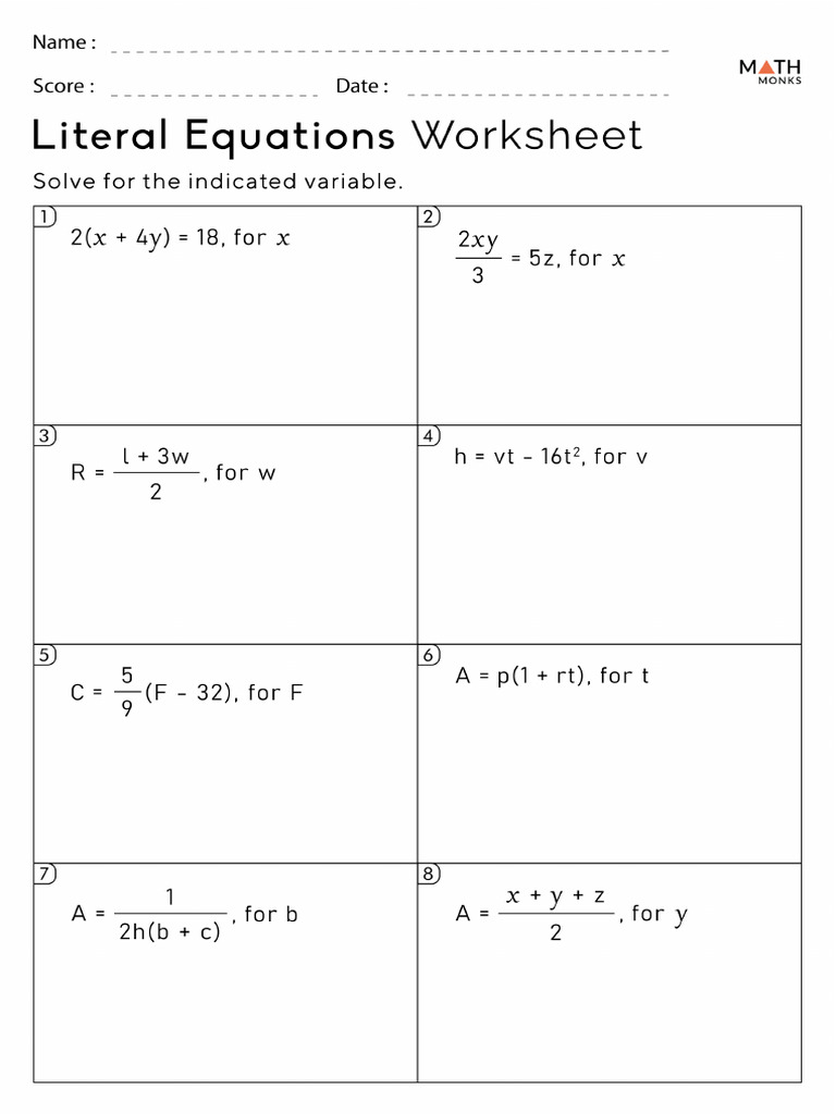 Literal Equations Worksheet With Answers | PDF