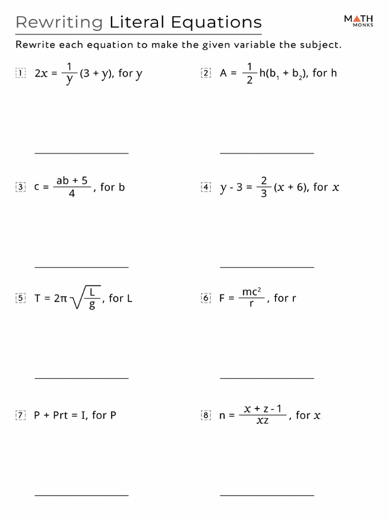 Rewriting Literal Equations Worksheet | PDF