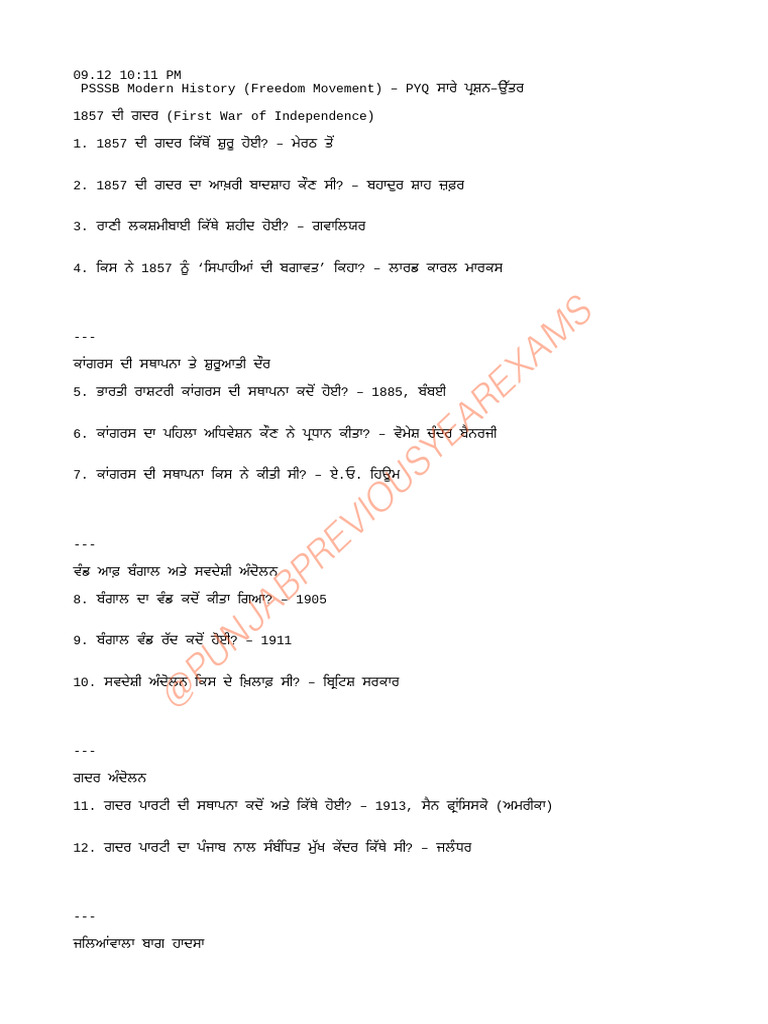 PSSSB Modern History (Freedom Movement) Pyq by Kuldeep | PDF