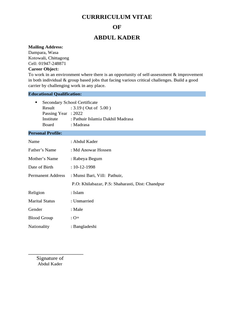 Currriculum Vitae Abdul Kader | PDF