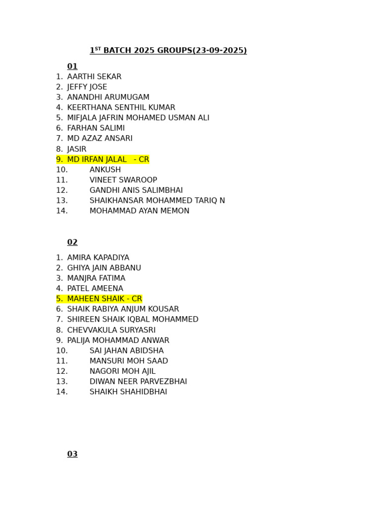 Batch 2025 Groups List | PDF