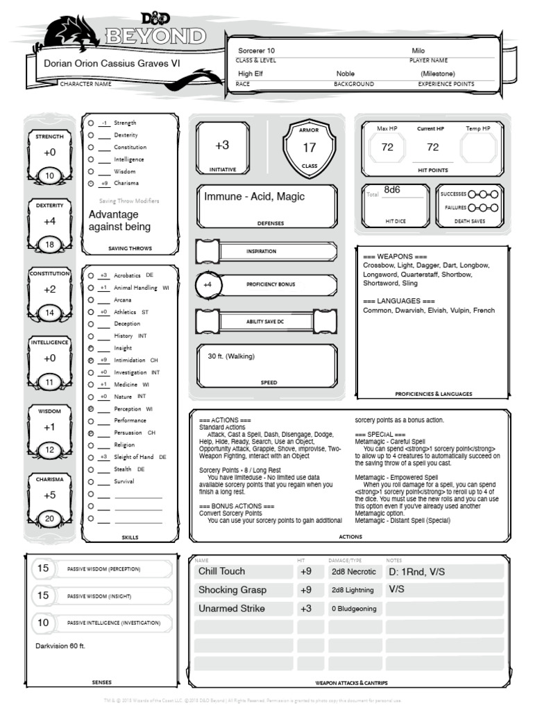 Dorian Character Sheet | PDF | Fantasy Role Playing Games | Fantasy