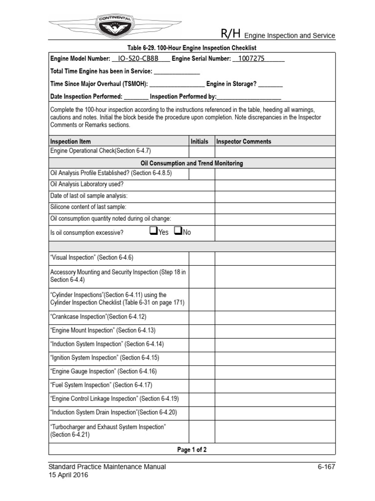 Io 520 100 Hrs Insp. Checklist RH Engine | PDF | Engines | Machines
