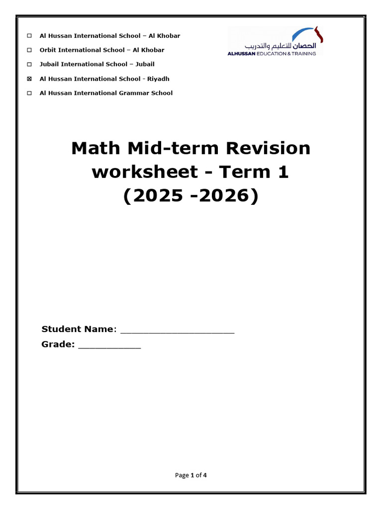 Mid-Term Revision Worksheet GR 7 | PDF | Area | Algebra