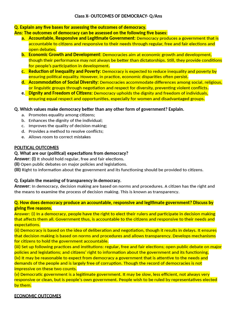 Assessing Democracy: Key Outcomes Explained | PDF | Democracy ...