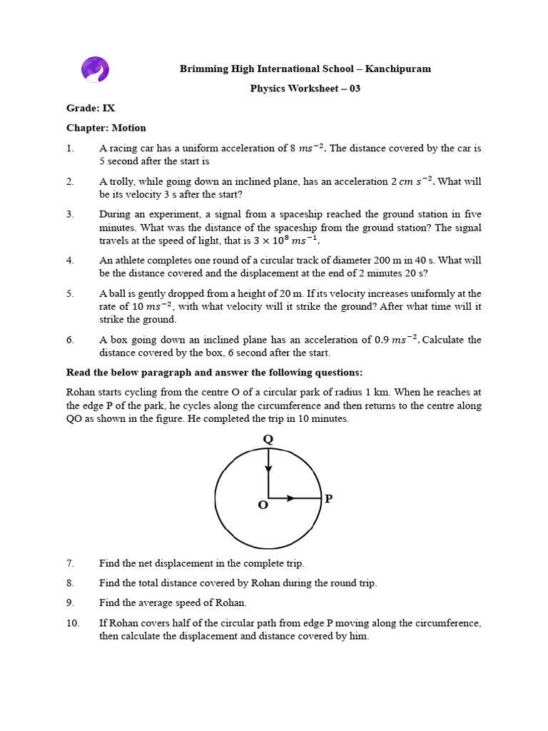 Class IX Physics Worksheet 3 | PDF