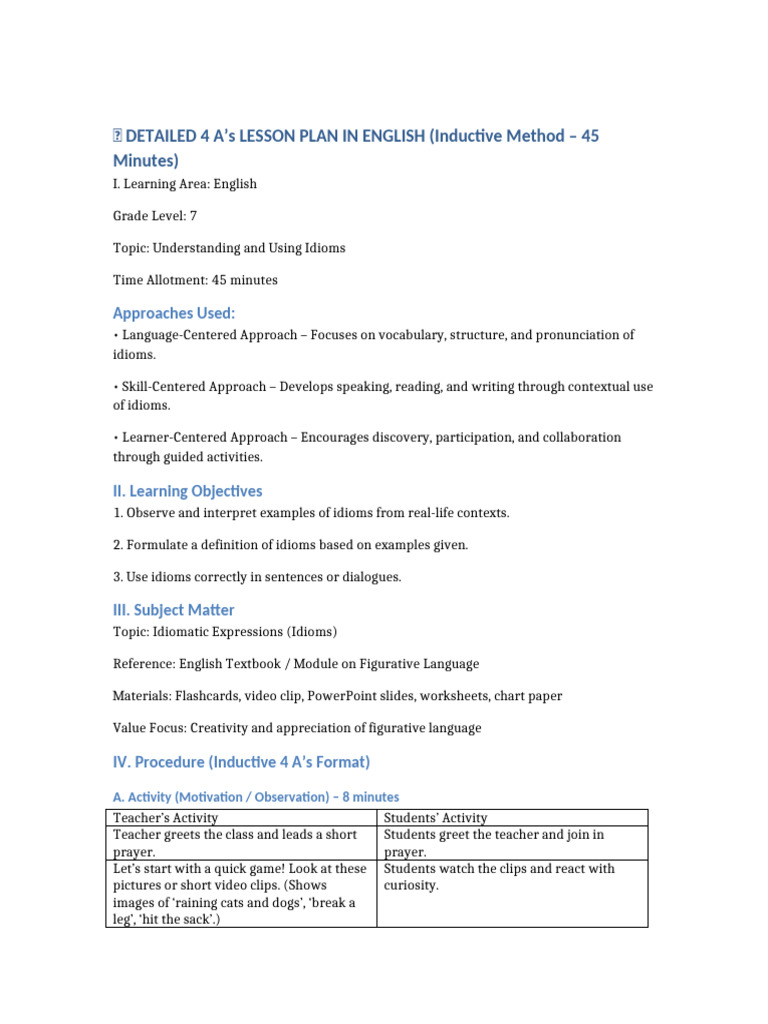 7th Grade Idioms Lesson Plan | PDF | Idiom | English Language
