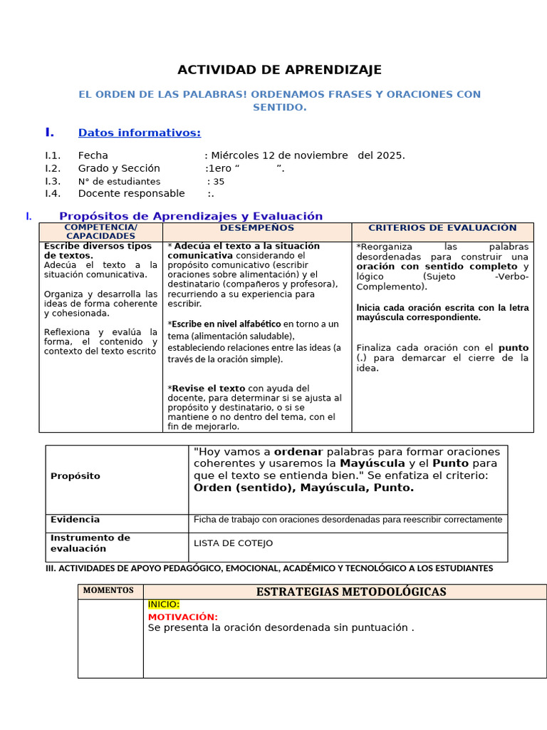 Ordenar Oraciones para Aprender a Escribir | PDF | Oración (Lingüística ...